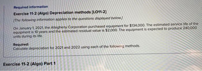 Solved Required information Exercise 11-2 (Algo) | Chegg.com
