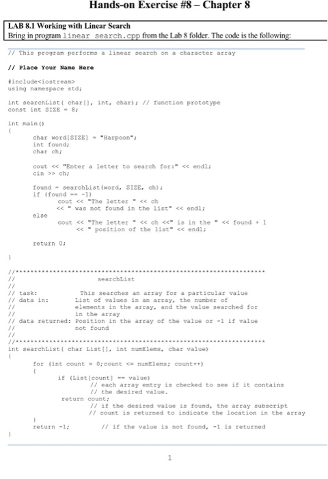 Solved Hands Exercise 8 Chapter 8 Lab 81 Working Linear Search Bring Program Linear