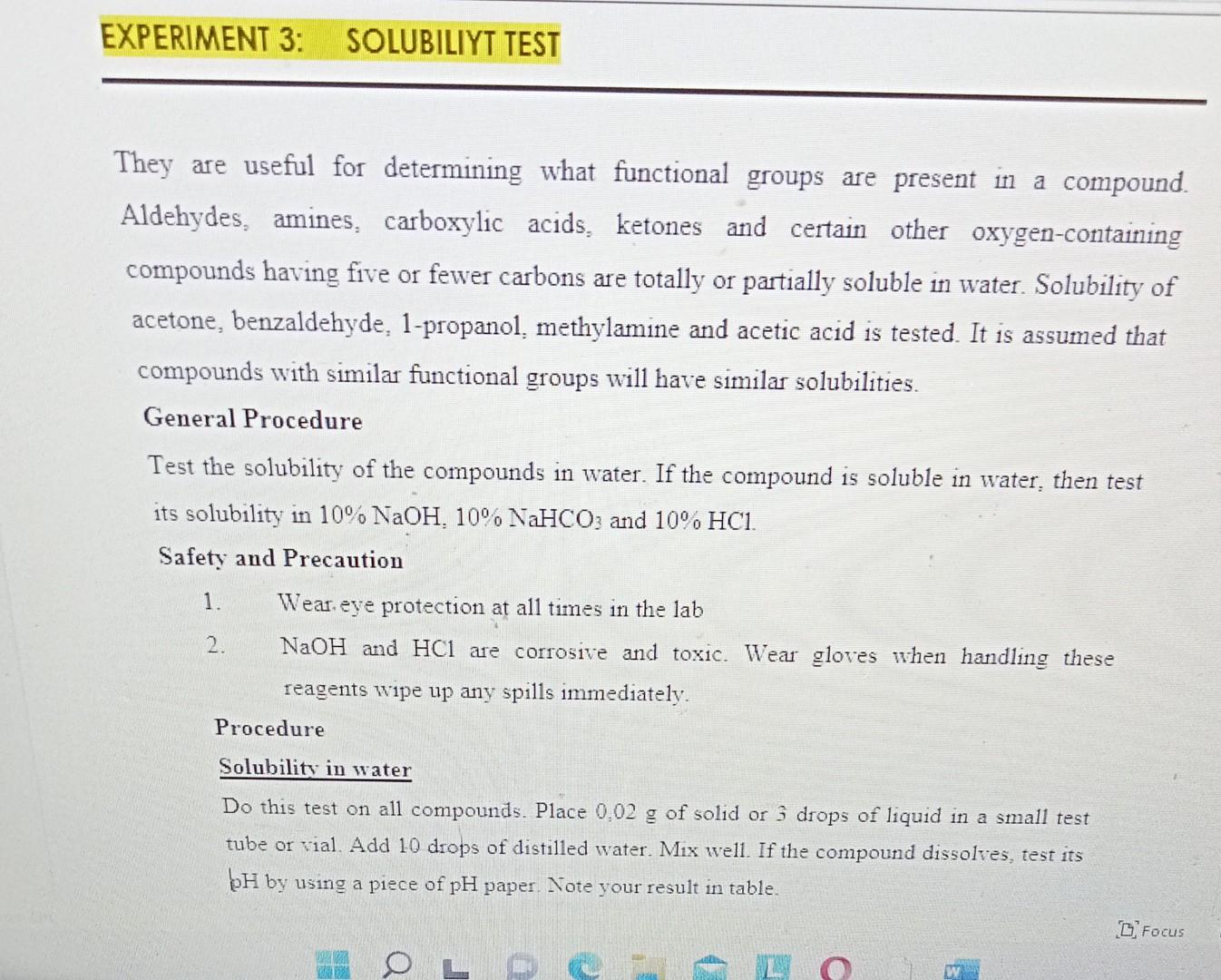 Solved EXPERIMENT 3: SOLUBILIYT TEST They are useful for | Chegg.com