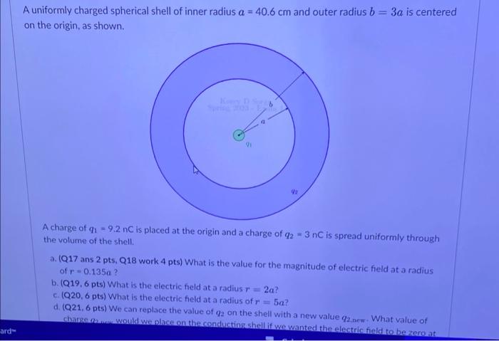 Solved A uniformly charged spherical shell of inner radius | Chegg.com