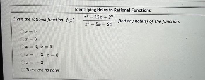 Solved Identifying Holes in Rational Functions 2 - 12. + 27 | Chegg.com