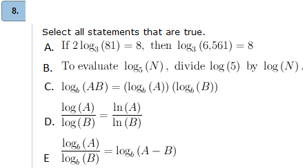 Solved Select all statements that are true. If 2 log 3 (81) | Chegg.com