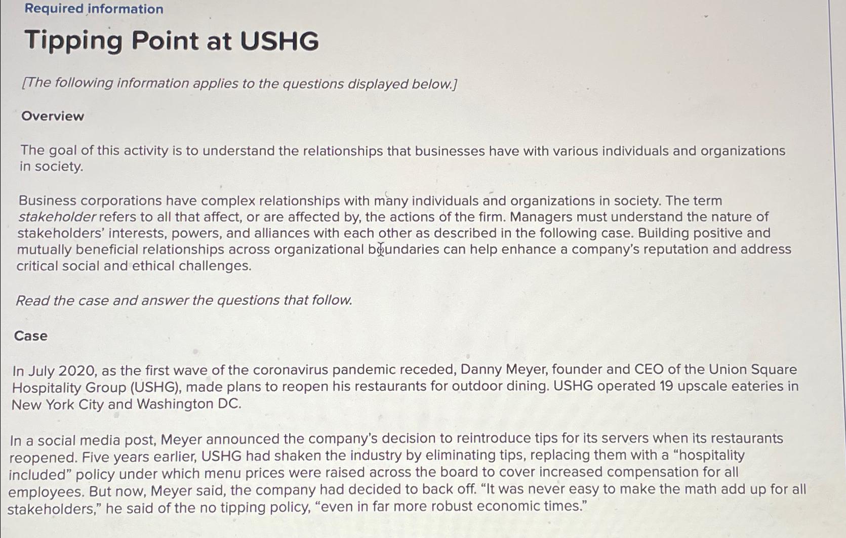 Solved Required informationTipping Point at USHG[The | Chegg.com