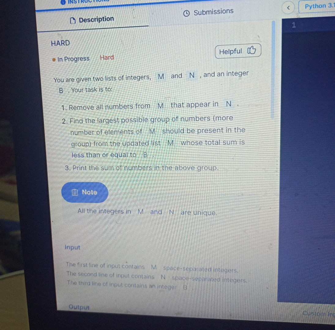 Solved DescriptionSubmissionsPython 3.HARDIn ProgressHardYou | Chegg.com