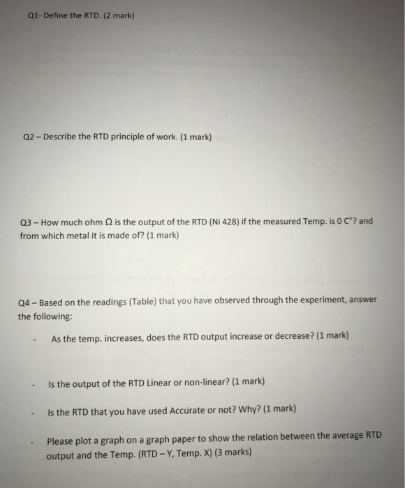 Solved Q1- Define the RTD. (2 mark) Q2 - Describe the RTD | Chegg.com