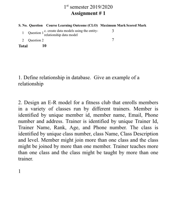 Solved 1st semester 2019/2020 Assignment #1 s. No. Question | Chegg.com