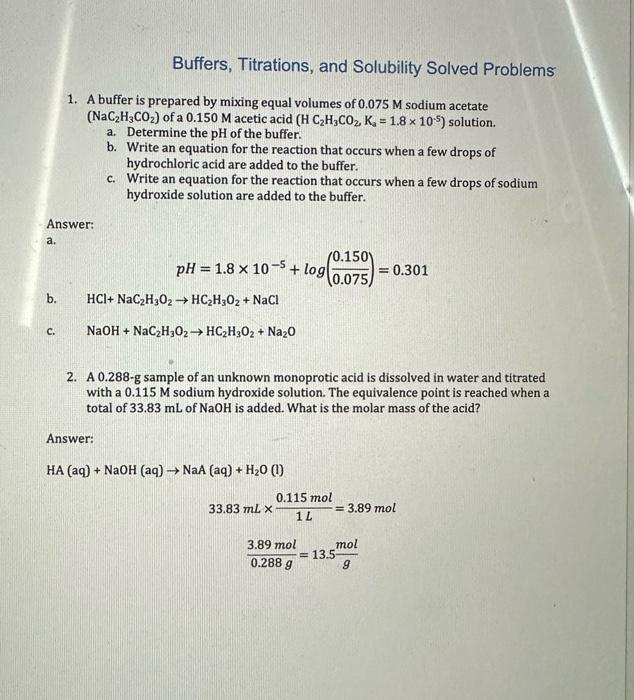 Buffers, Titrations, and Solubility Solved Problems | Chegg.com