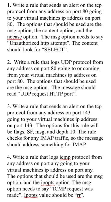 Solved 1. Write a rule that sends an alert on the tcp | Chegg.com
