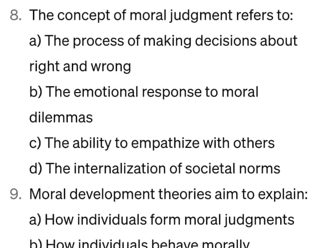 Solved The concept of moral judgment refers to:a) ﻿The | Chegg.com
