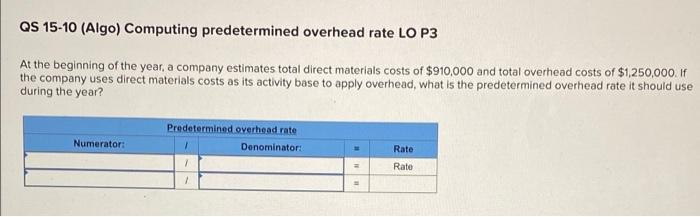 Solved QS 15-10 (Algo) Computing predetermined overhead rate | Chegg.com