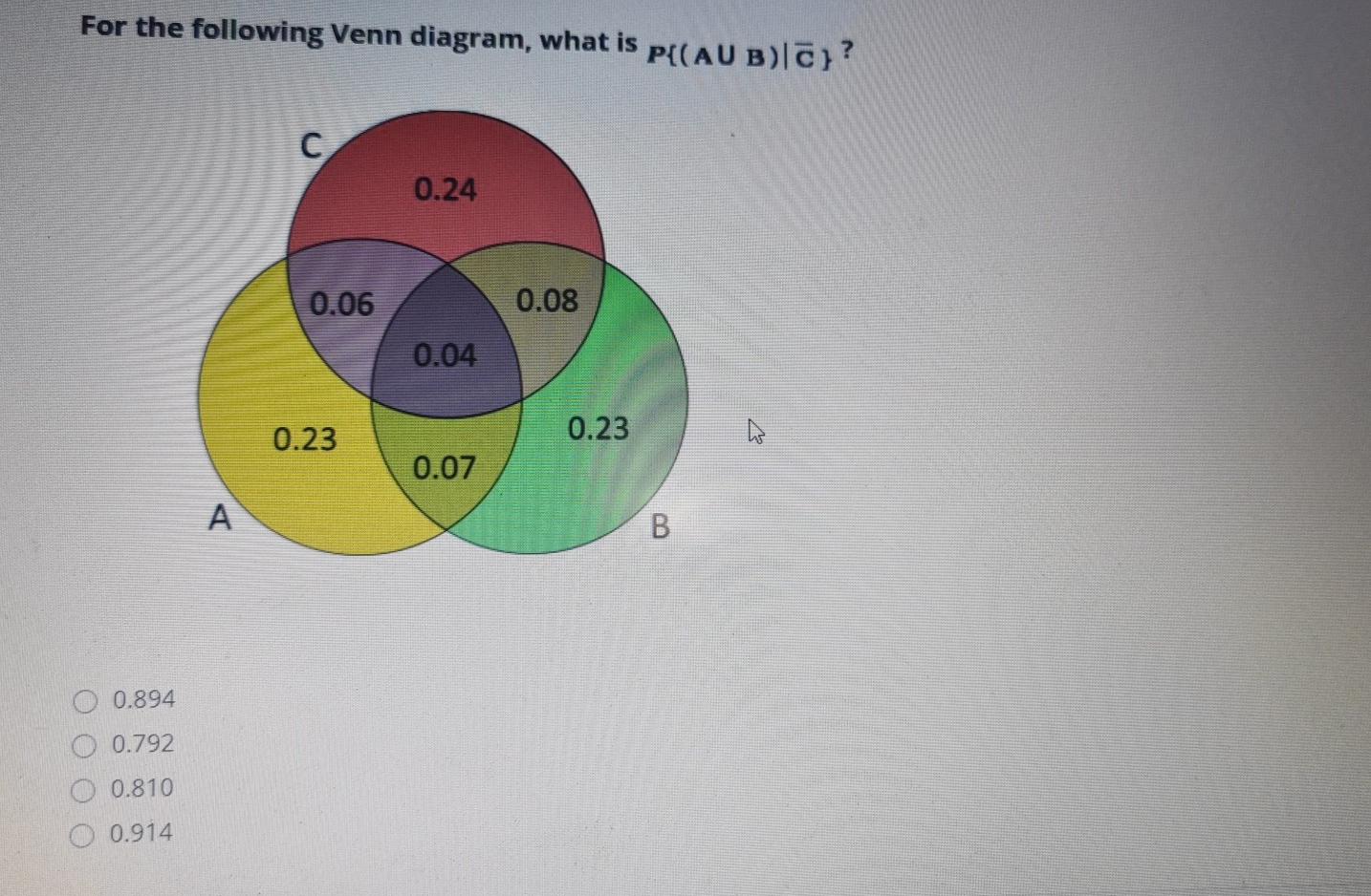 Solved For the following Venn diagram, what is P{(AUB) C)? | Chegg.com