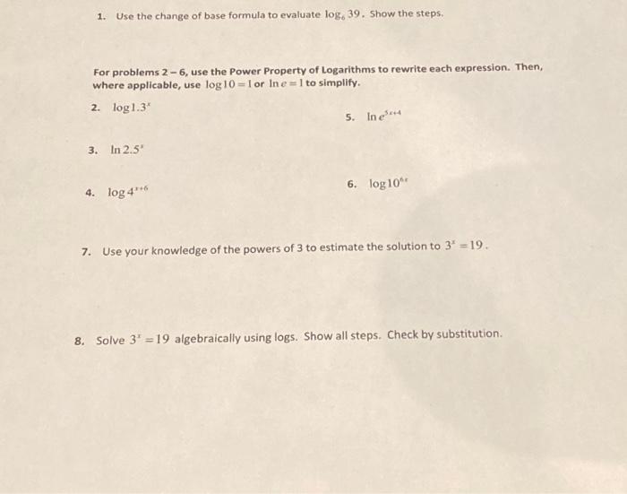 Solved 1. Use the change of base formula to evaluate log639. | Chegg.com