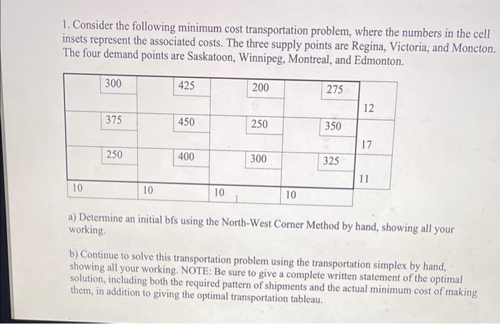 Solved 1. Consider the following minimum cost transportation | Chegg.com