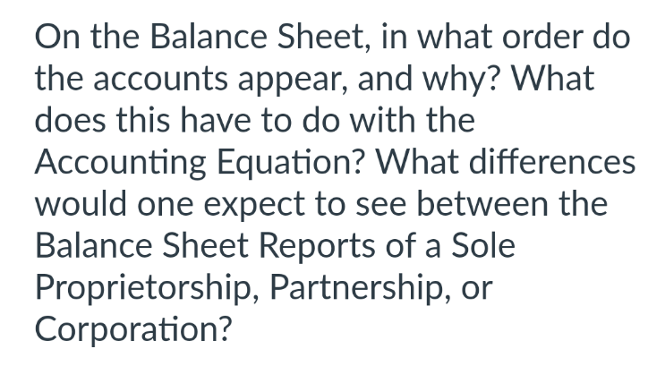 Solved On the Balance Sheet, in what order do the accounts | Chegg.com