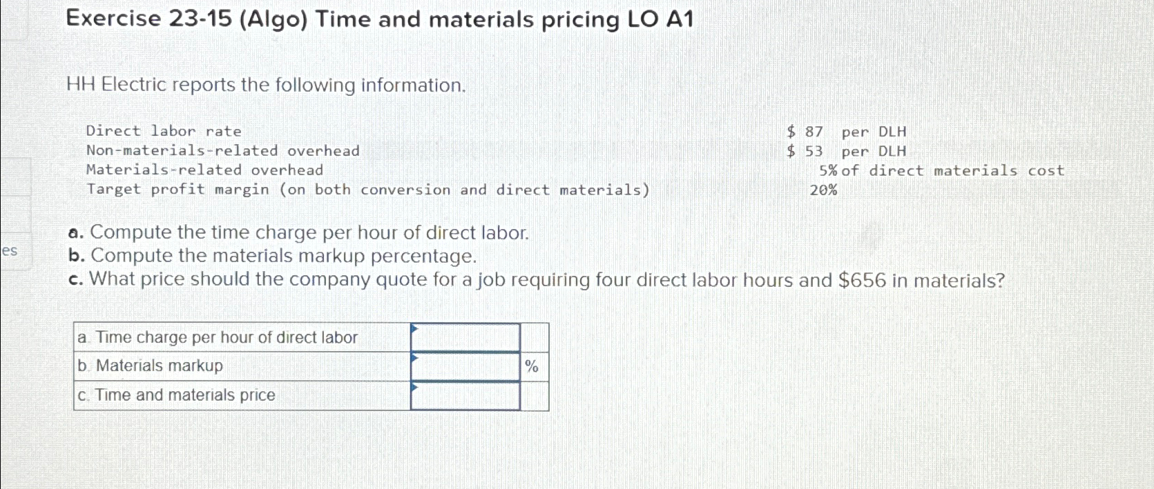 Solved Exercise 23-15 (Algo) ﻿Time and materials pricing LO | Chegg.com