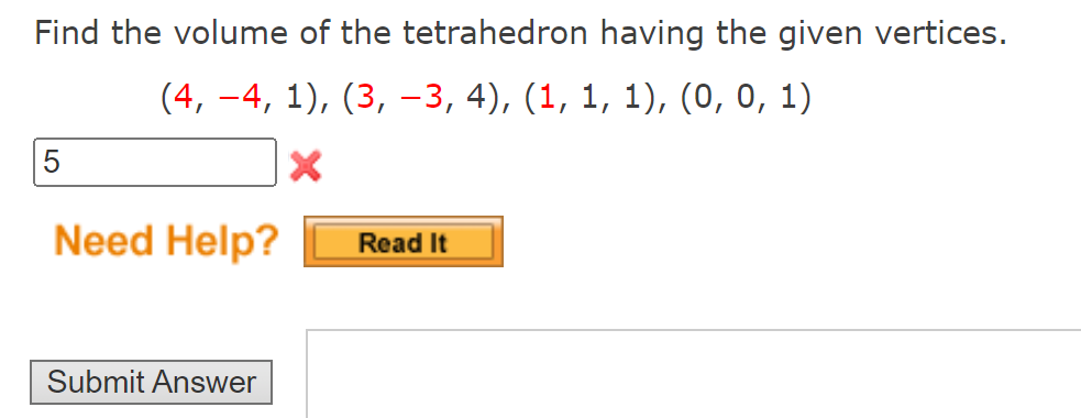 Solved Find the volume of the tetrahedron having the given | Chegg.com