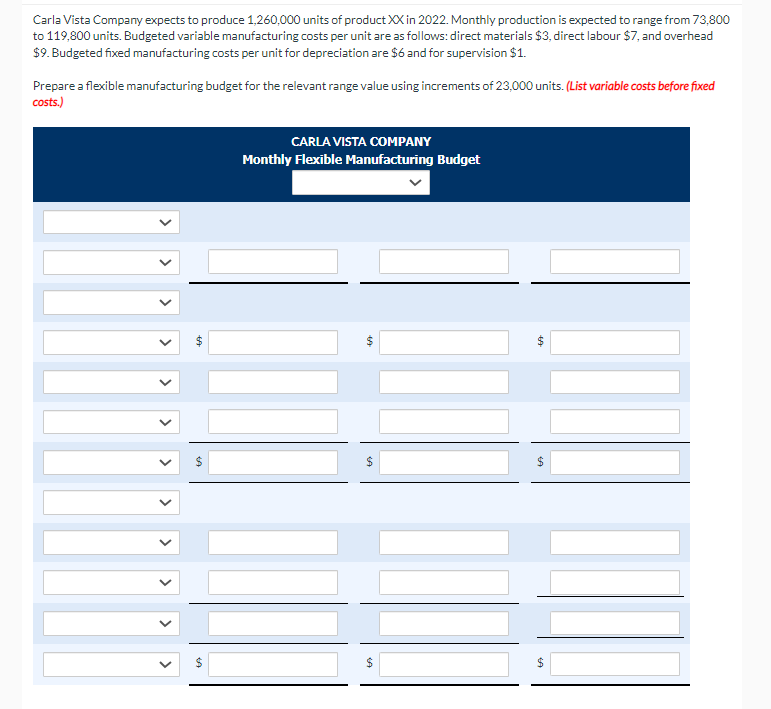 Solved Carla Vista Company expects to produce 1,260,000 | Chegg.com