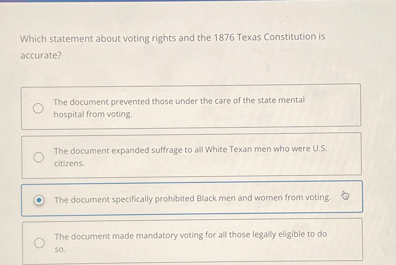 Solved Which statement about voting rights and the 1876 | Chegg.com
