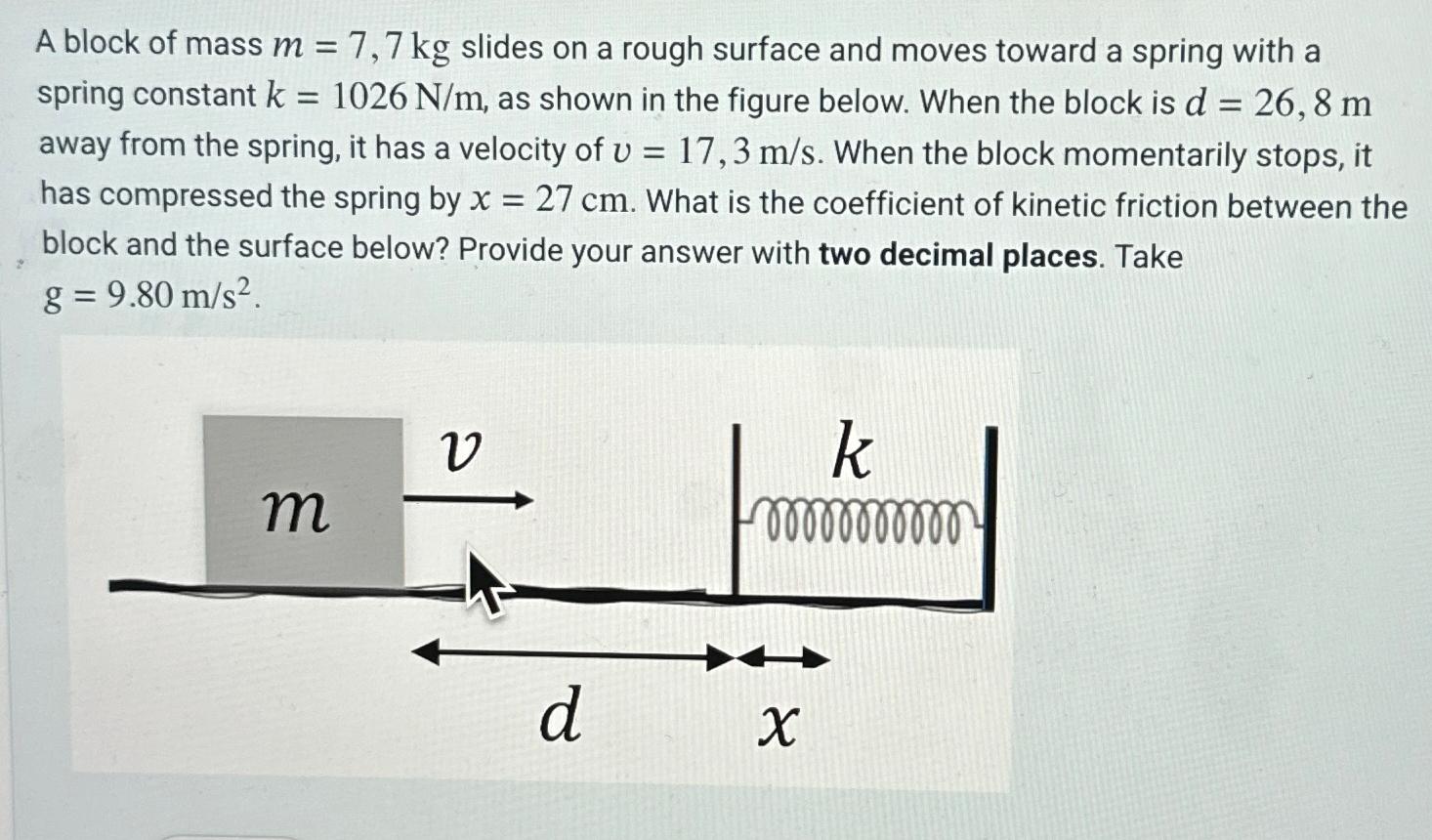 Solved A block of mass m=7,7kg ﻿slides on a rough surface | Chegg.com