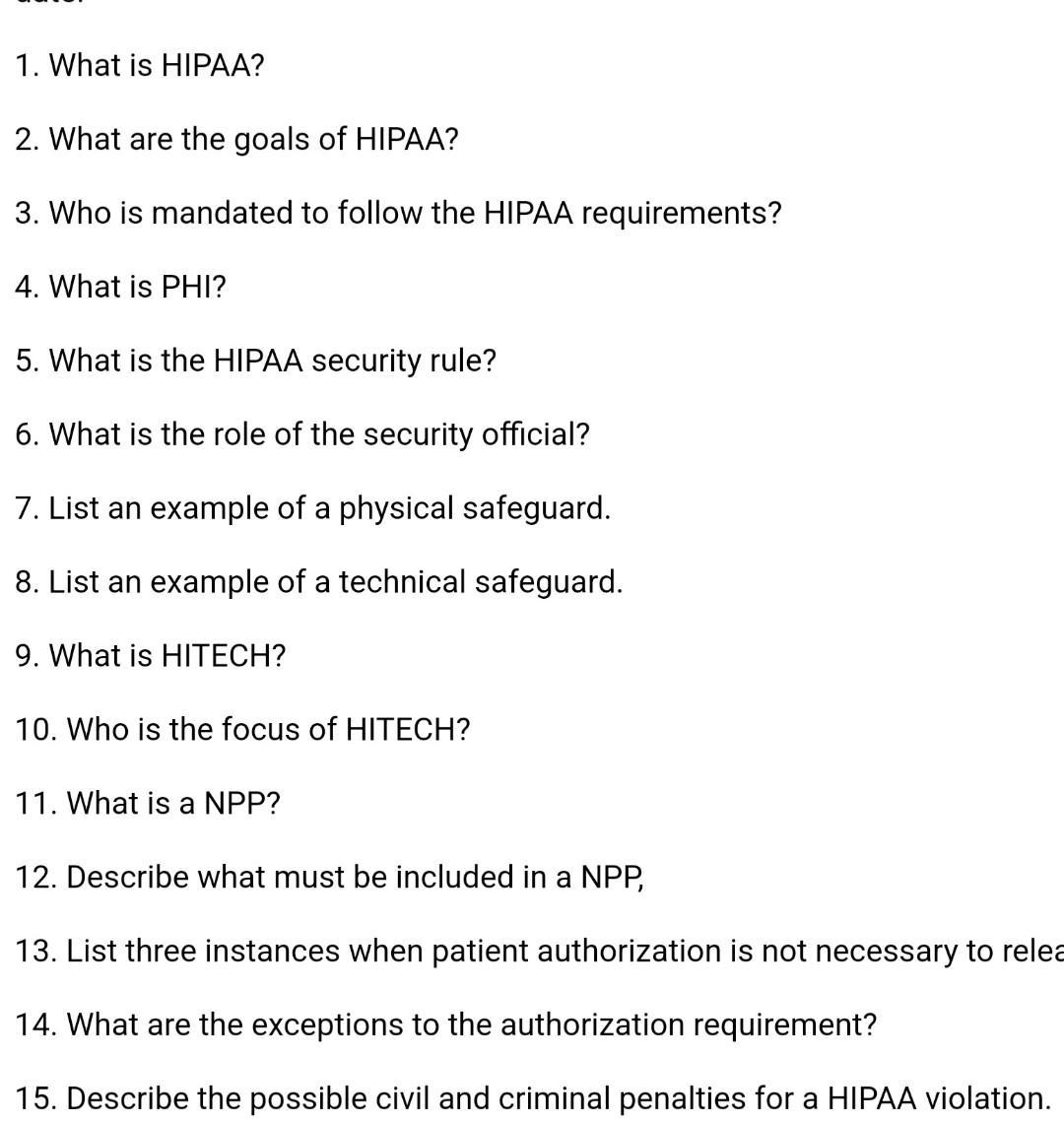 Solved 1. What is HIPAA? 2. What are the goals of HIPAA? 3. | Chegg.com