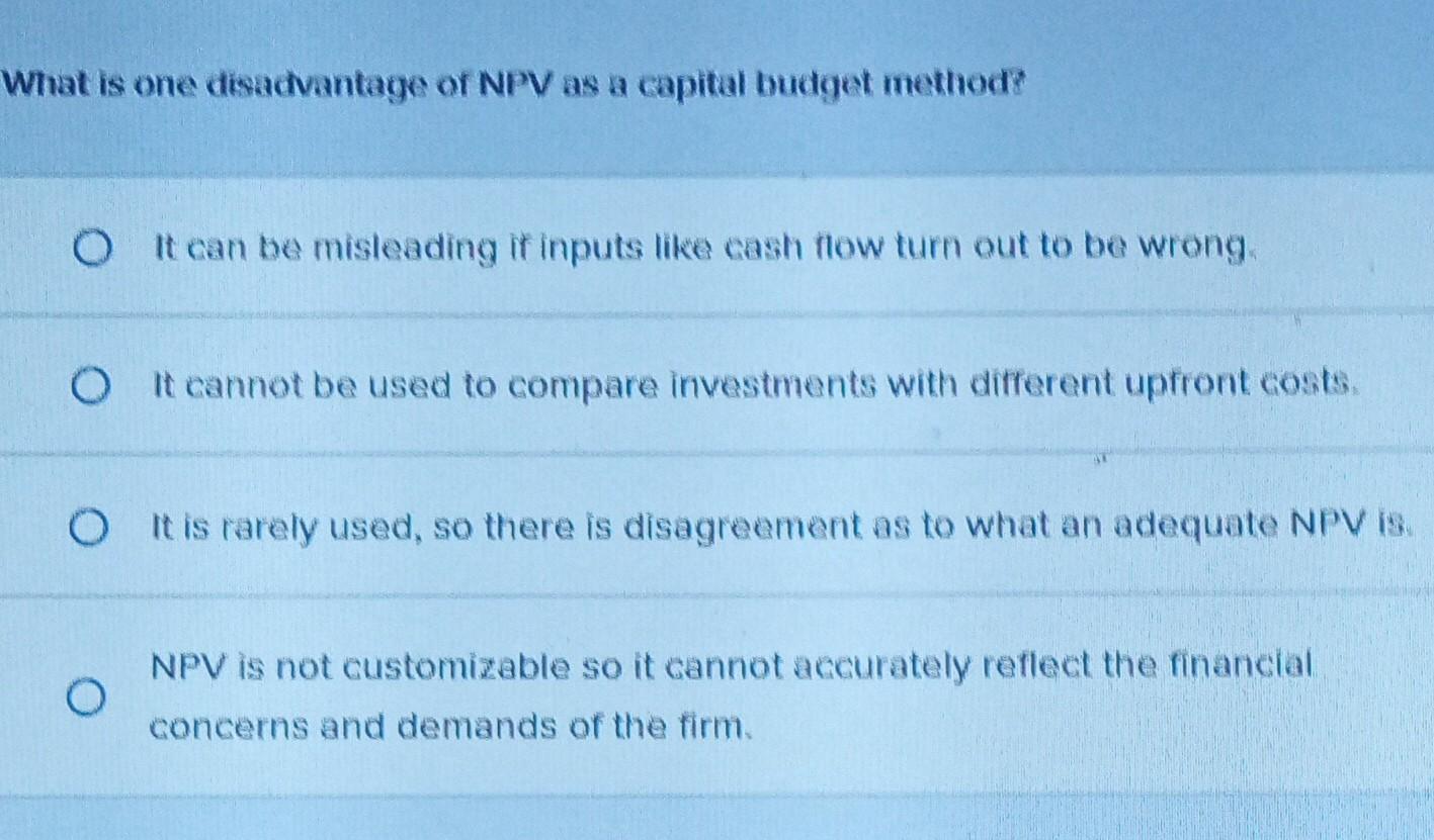 Solved What is one disadvantage or NPV as a capital budget | Chegg.com