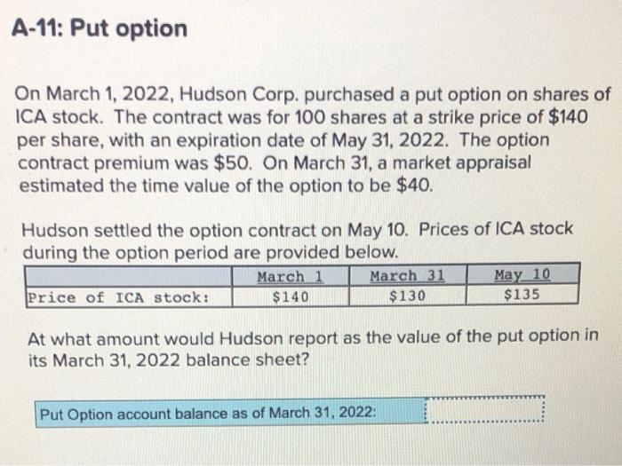 Solved A-11: Put option On March 1, 2022, Hudson Corp. | Chegg.com