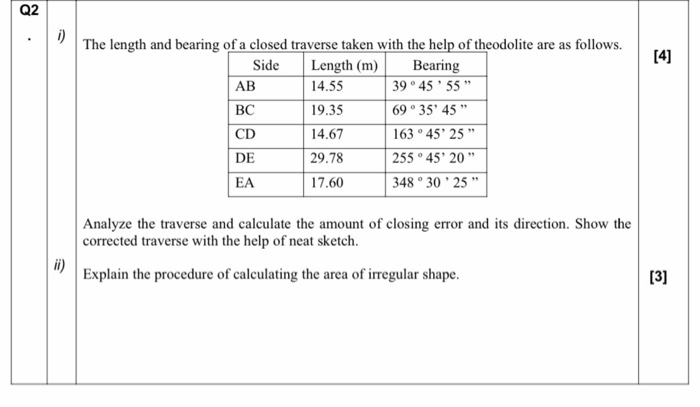 Solved [4] The length and bearing of a closed traverse taken | Chegg.com