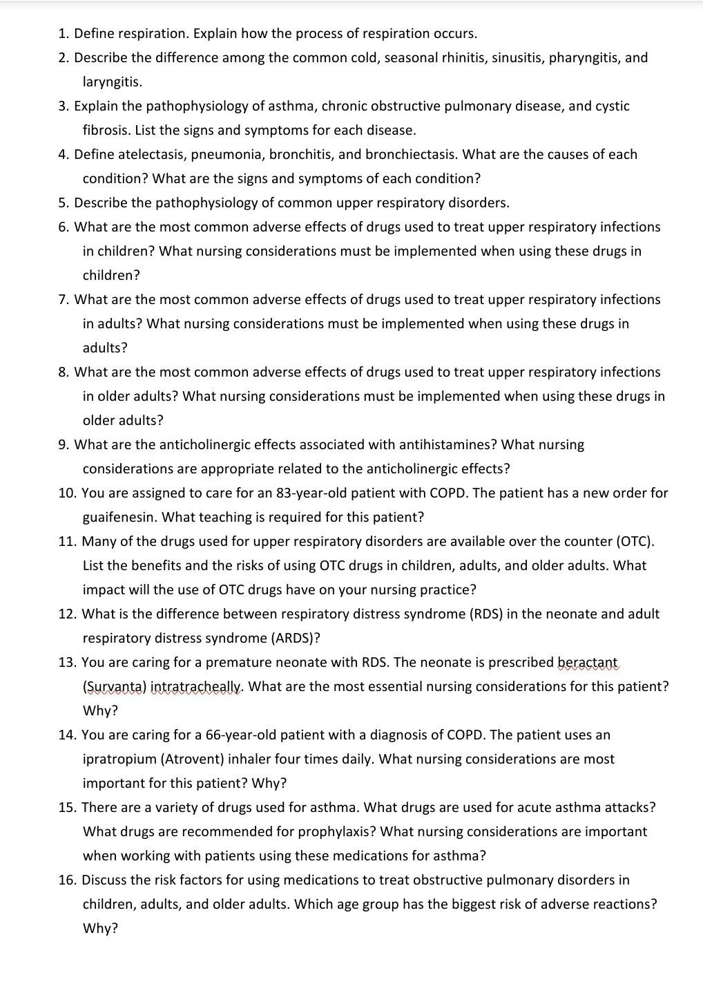 Solved 1. Define respiration. Explain how the process of | Chegg.com