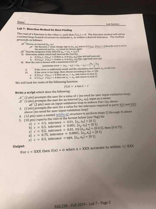 Solved Name Lab Section Lab 7 Bisection Method For