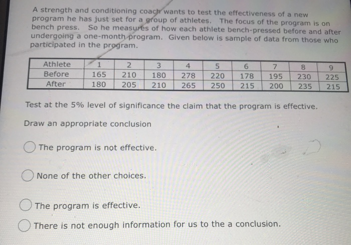 Solved A strength and conditioning coach wants to test the | Chegg.com