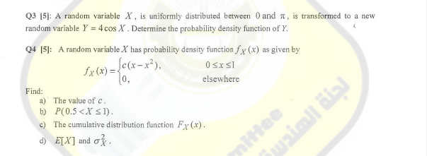 Solved Q3 [5]: A random variable X, is uniformly distributed | Chegg.com