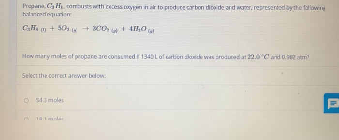 Solved Propane, C3H8, combusts with excess oxygen in air to | Chegg.com