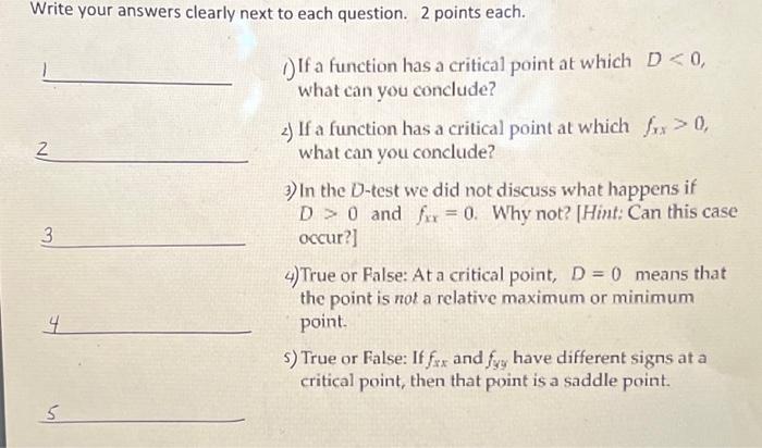 Solved Write your answers clearly next to each question. 2 | Chegg.com