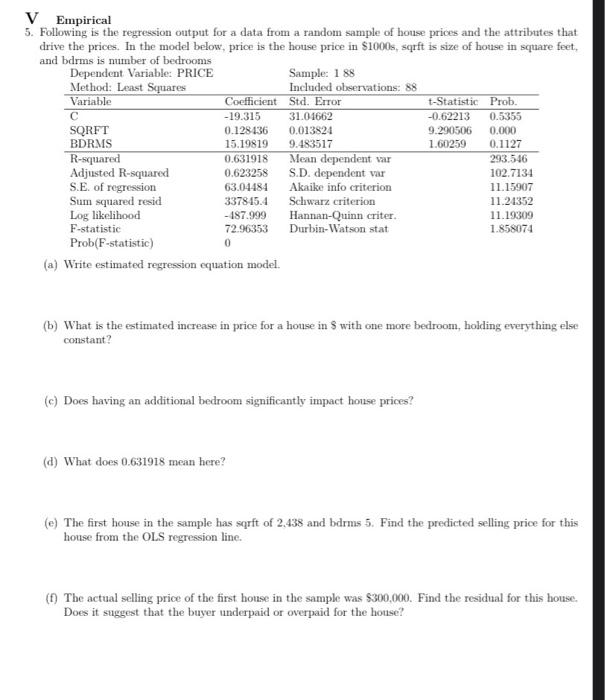 Solved V Empirical 5. Following is the regression output for | Chegg.com