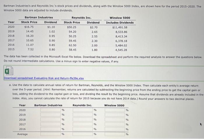 Solved Bartman Industries's and Reynolds Inc:'s stock prices | Chegg.com