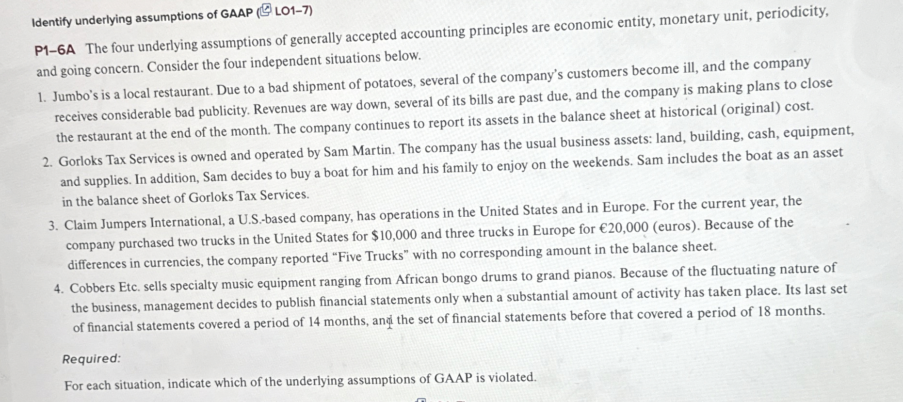 Solved Identify underlying assumptions of GAAP (P1-6A The | Chegg.com