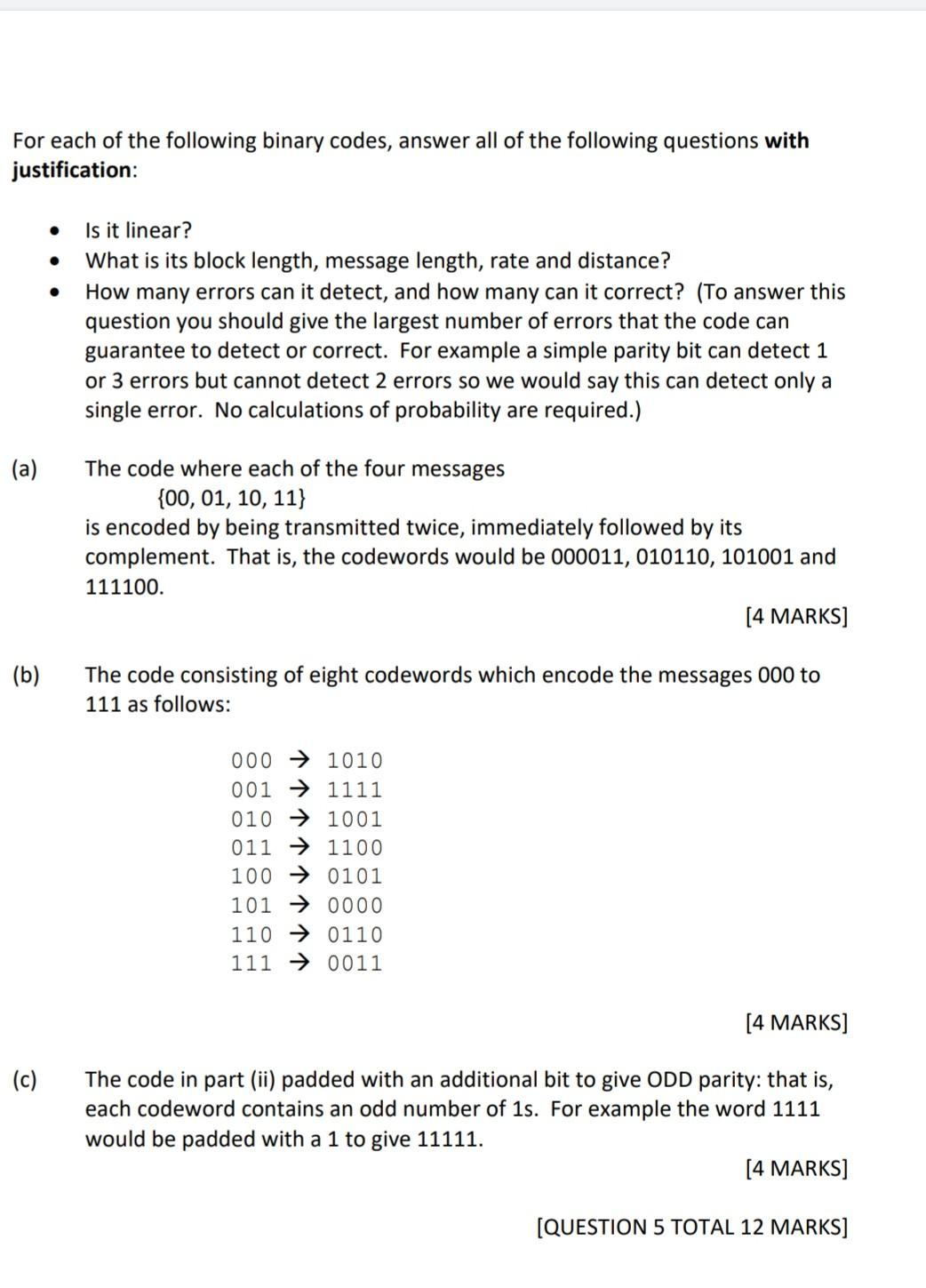 For each of the following binary codes, answer all of | Chegg.com