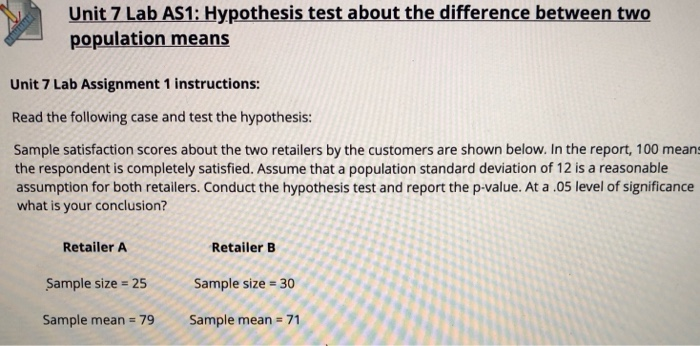 Solved Unit 7 Lab AS1: Hypothesis test about the difference | Chegg.com