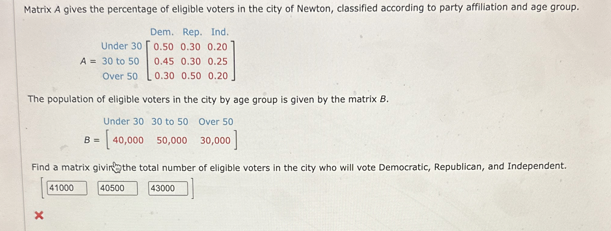 Solved Matrix A gives the percentage of eligible voters in | Chegg.com