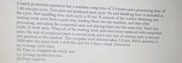 Solved A batch production operation has a machine setup time | Chegg.com