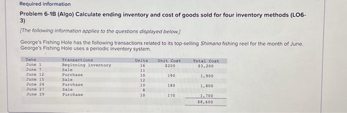 Solved Problem 6-1B (Algo) Calculate ending inventory and | Chegg.com