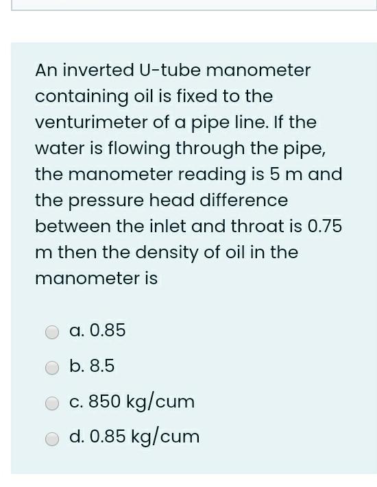 Solved An inverted U-tube manometer containing oil is fixed | Chegg.com