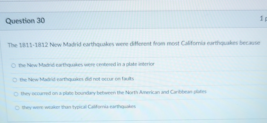 Solved Question 30The 1811-1812 ﻿New Madrid earthquakes were | Chegg.com