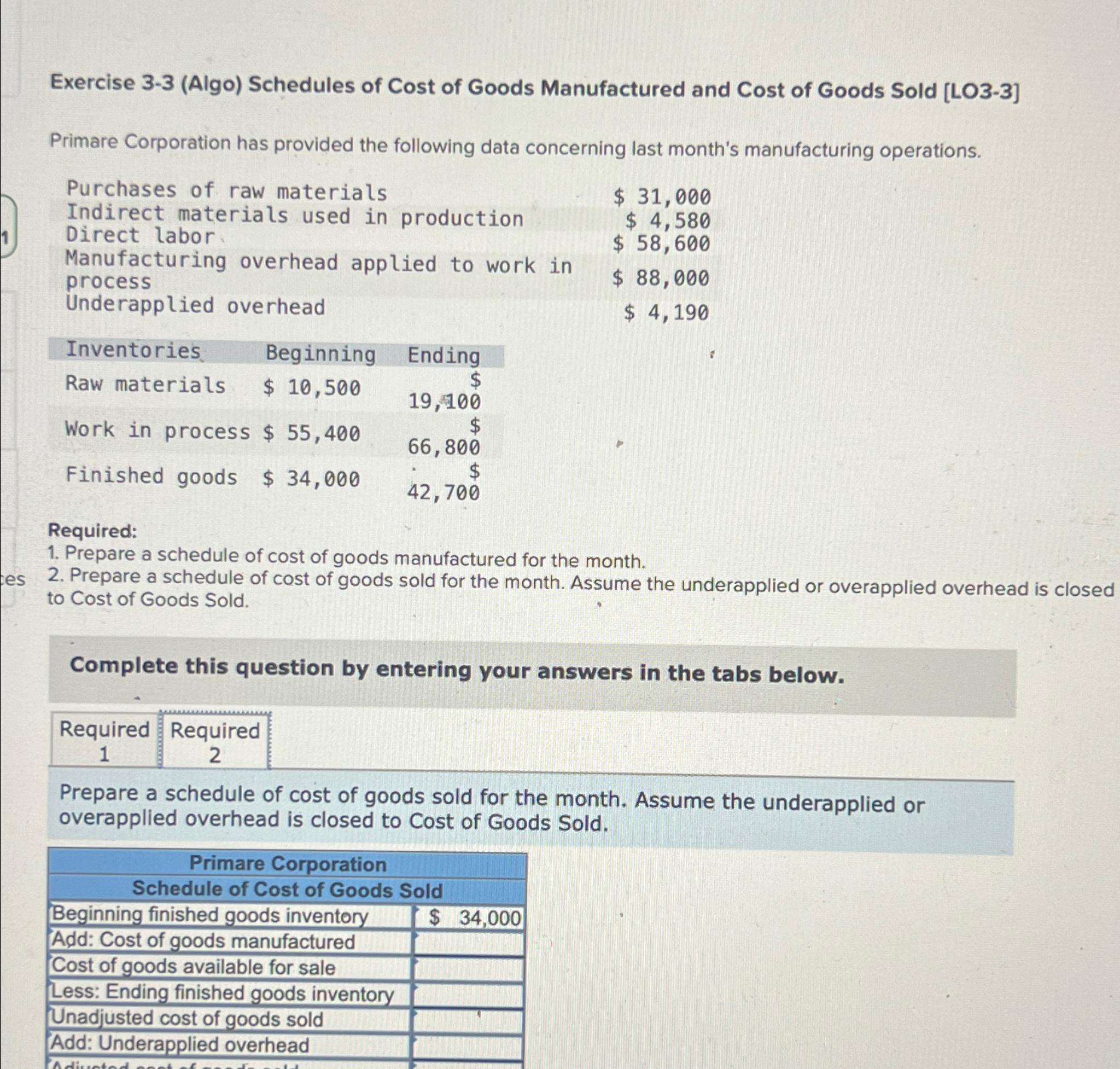 Exercise 3-3 (Algo) ﻿Schedules of Cost of Goods | Chegg.com