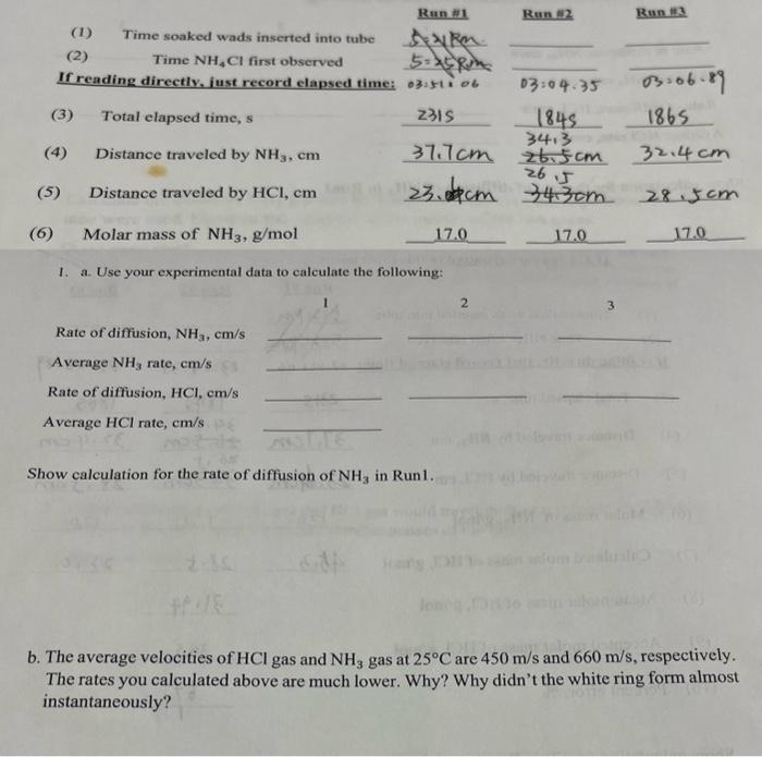 1. a. Use your experimental data to calculate the | Chegg.com