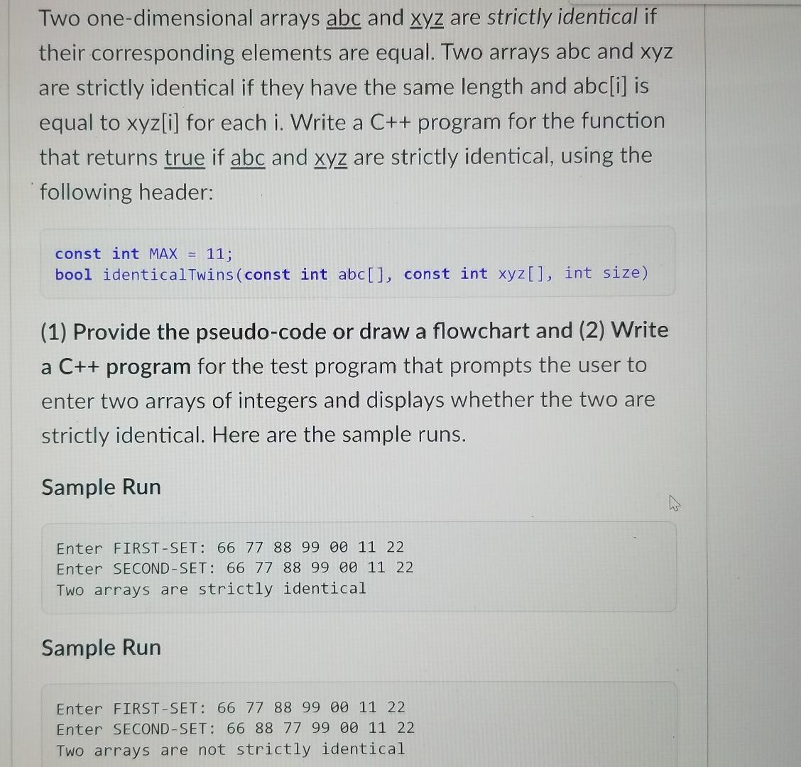 Solved Two one-dimensional arrays abc and xyz are strictly | Chegg.com
