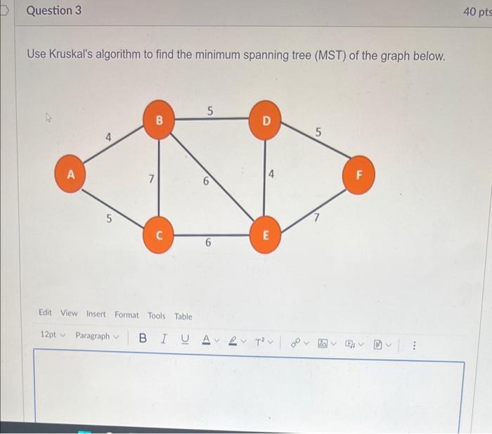 Solved Question 3 Use Kruskal's algorithm to find the | Chegg.com