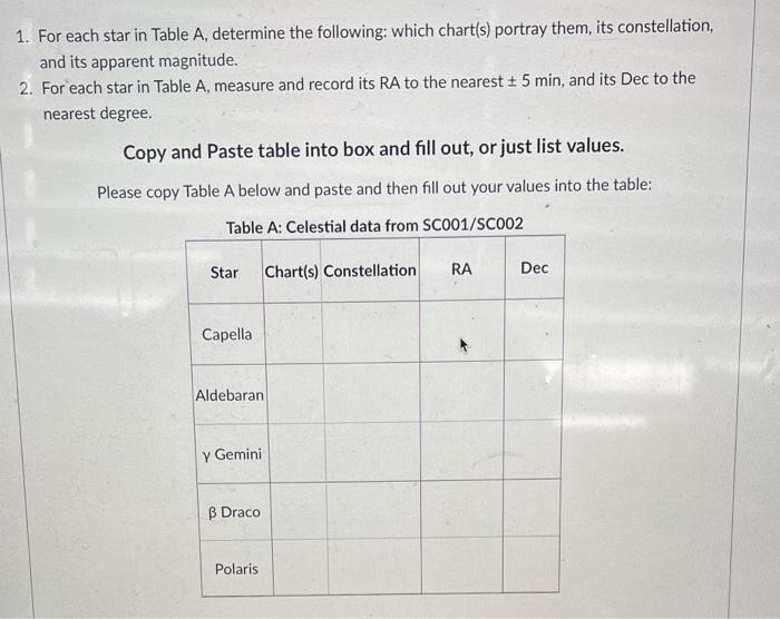 1. For each star in Table A, determine the following: | Chegg.com