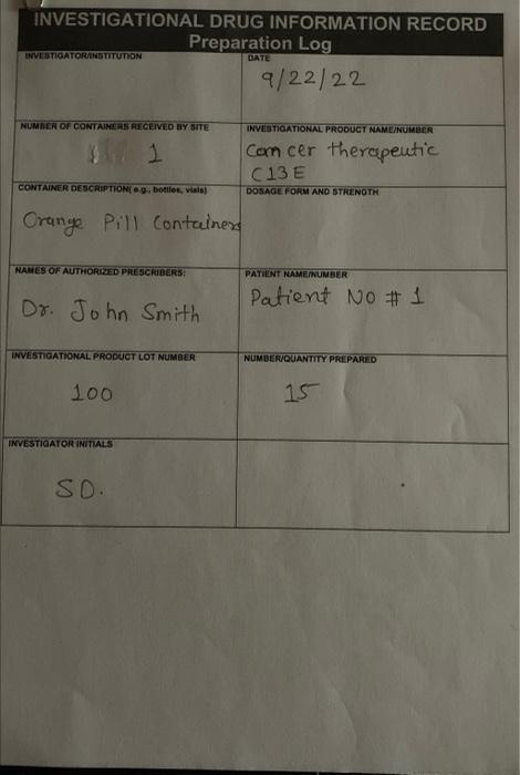INVESTIGATIONAL DRUG INFORMATION RECORD | Chegg.com
