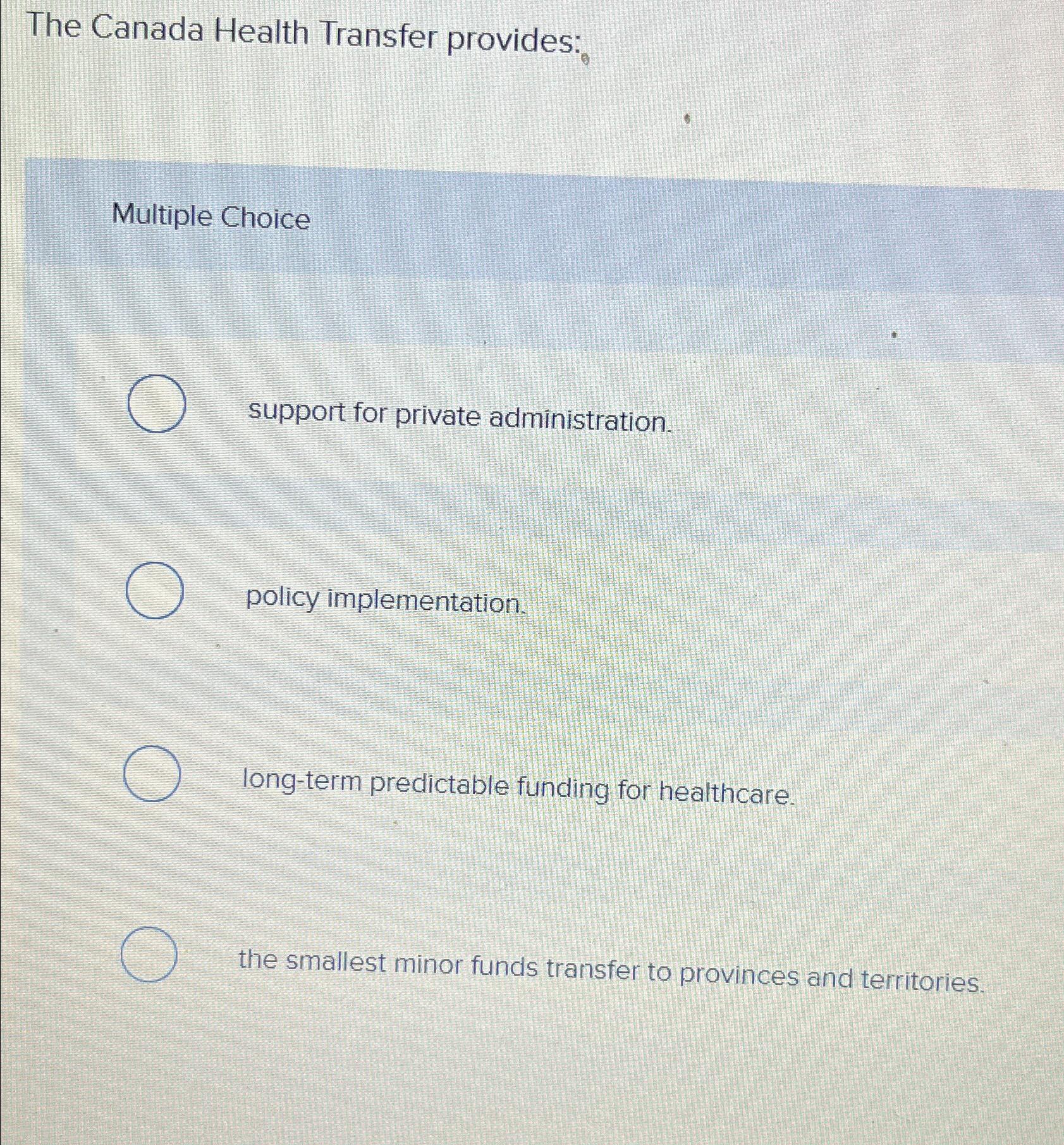 Solved The Canada Health Transfer provides:Multiple | Chegg.com